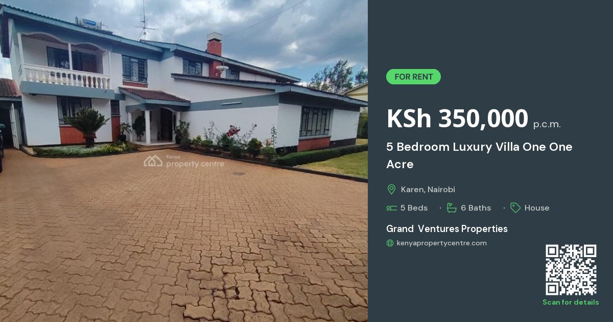 For Rent: 5 Bedroom Luxury Villa One One Acre, Bogani, Karen, Nairobi ...